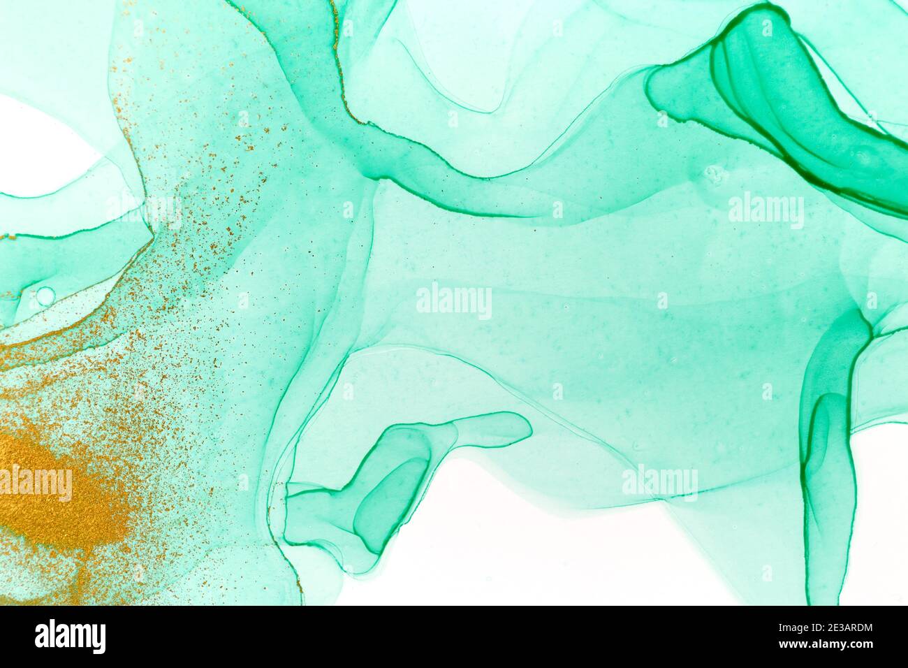 Alcohol ink green and gold abstract stains on white background. Drops ...