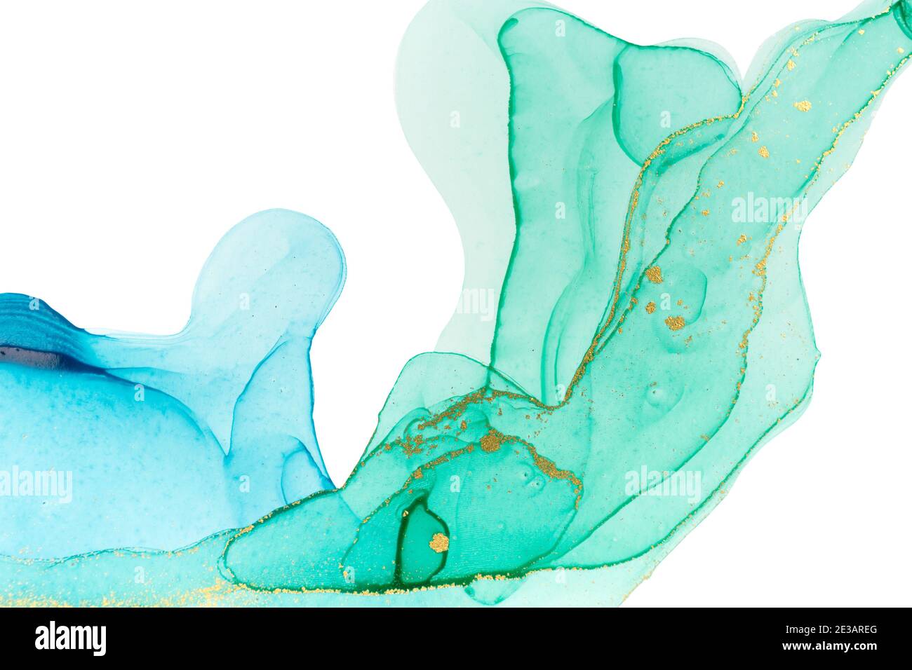 Alcohol ink blue, green and gold abstract stains on white background ...