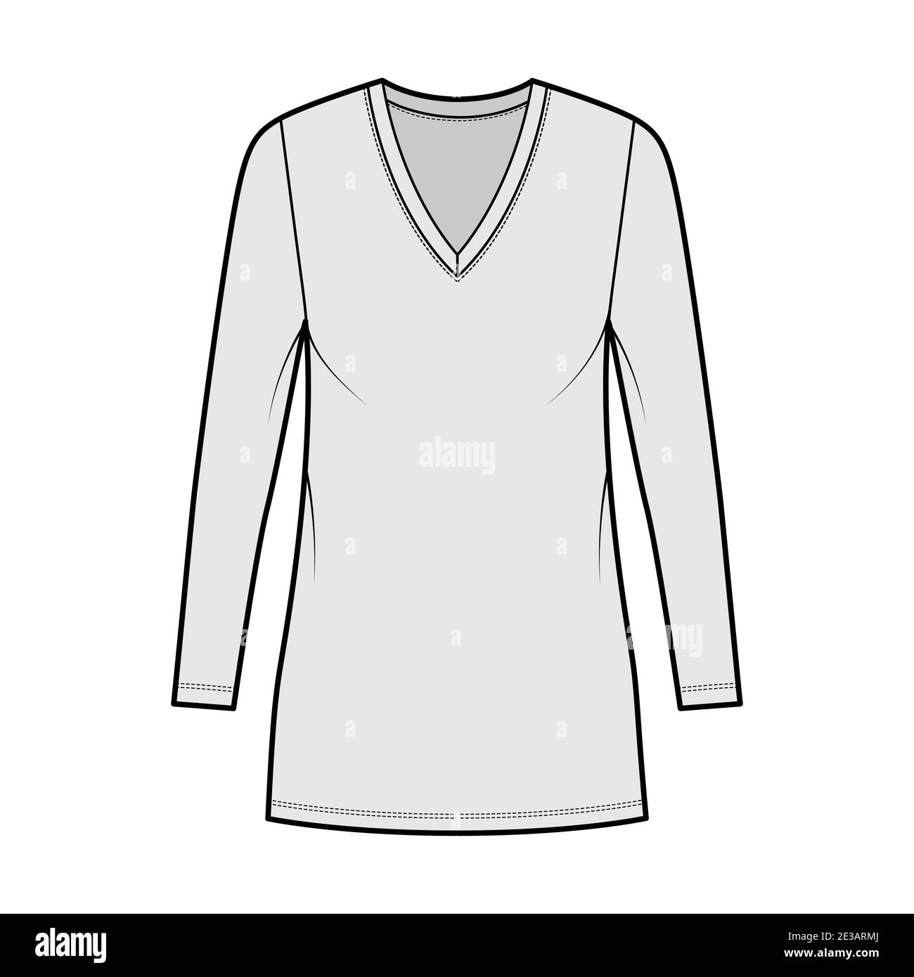 T Shirt Dress Technical Fashion Illustration With V Neck Long Sleeves