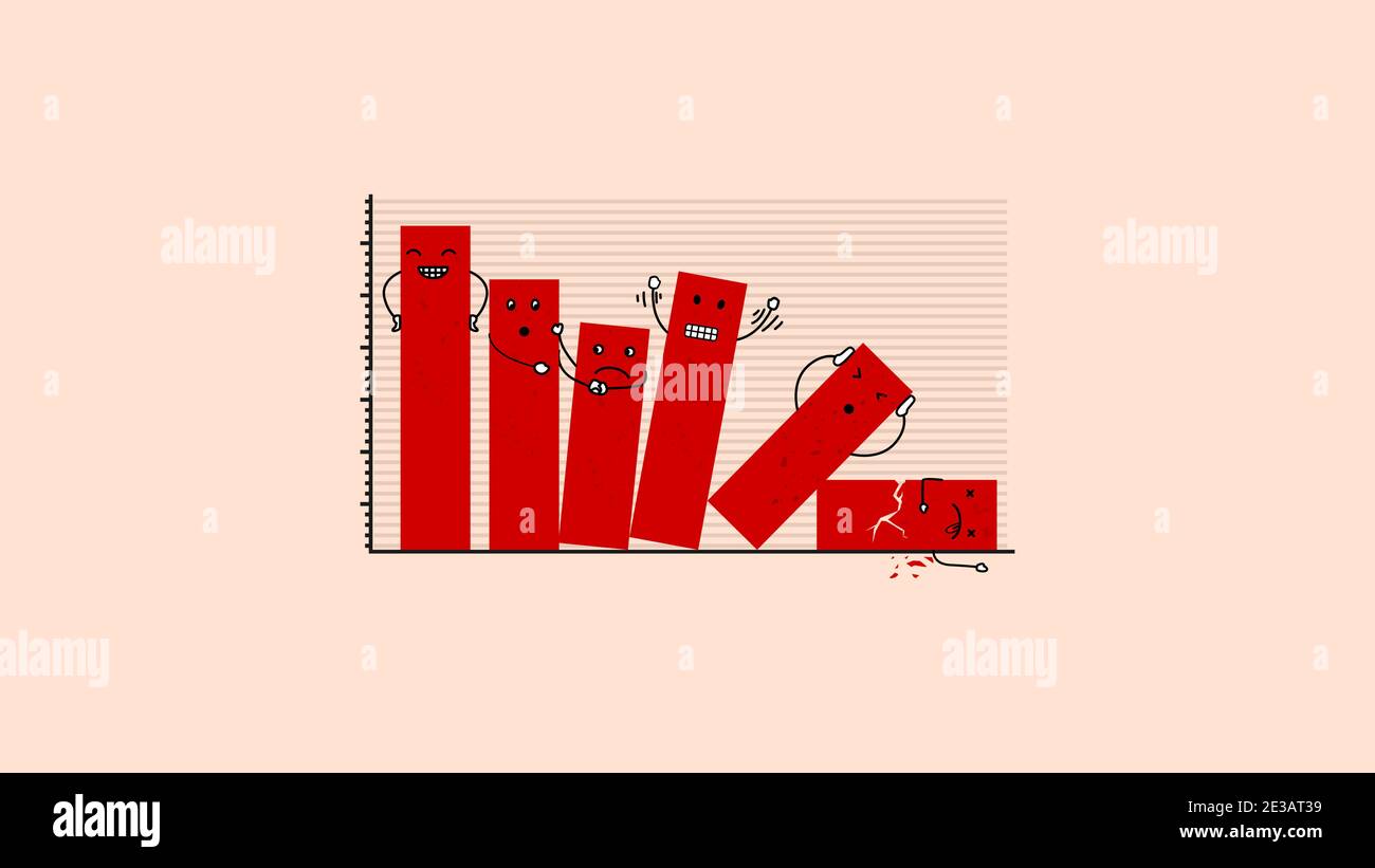 fallen graph with sad, cry and suffering expression cartoon face ...