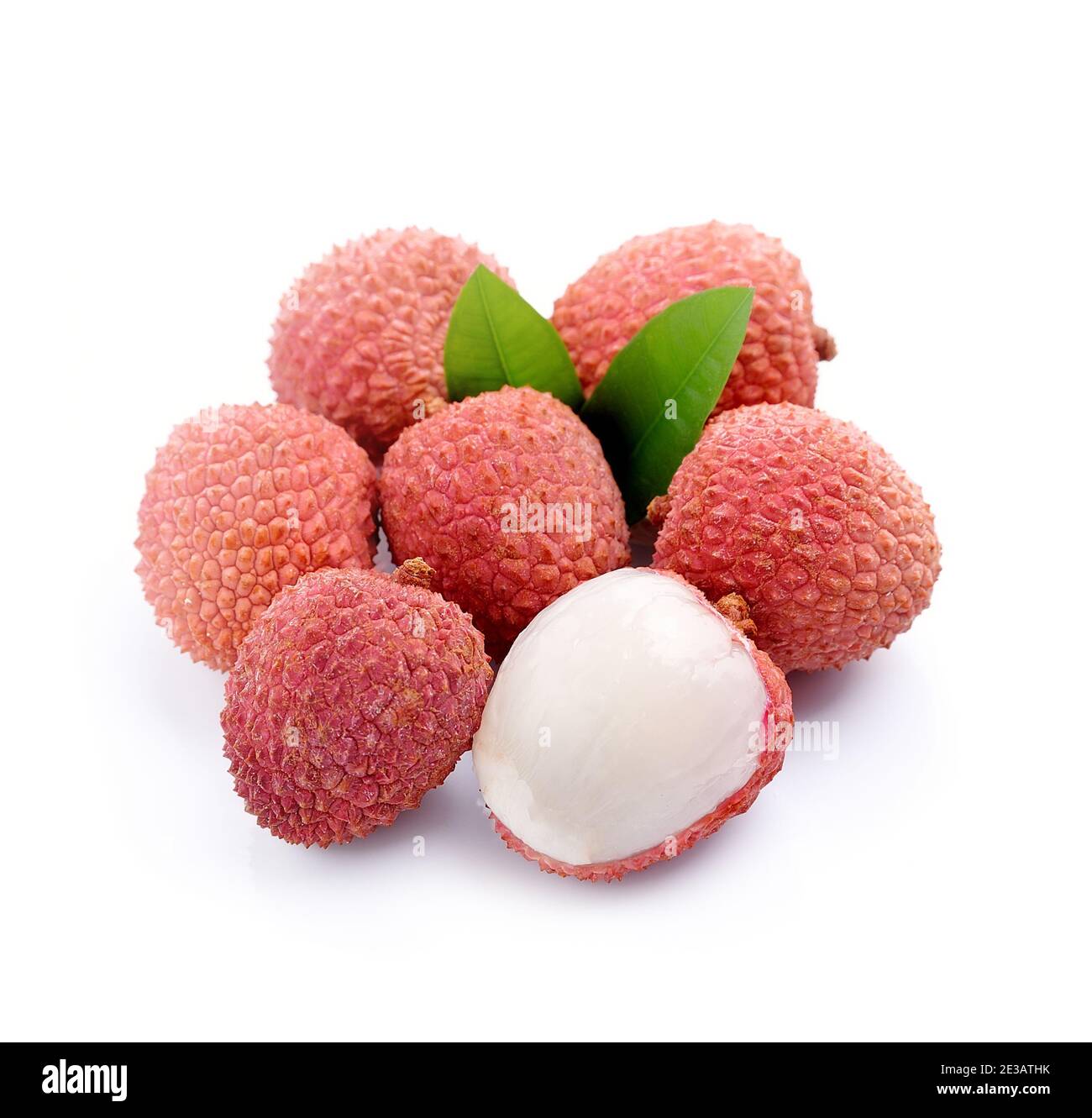 Sweet lychees fruits with leaves close up on white background Stock ...