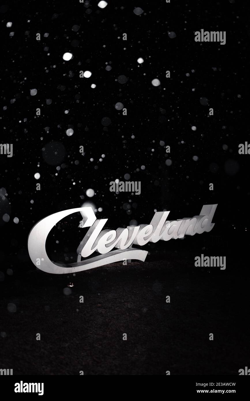 cleveland script sign during snow storm Stock Photo - Alamy