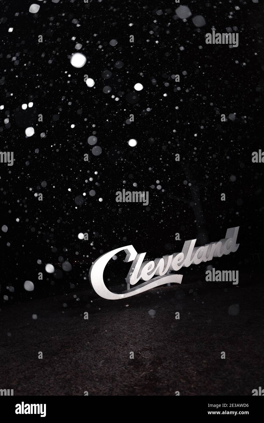 cleveland script sign during snow storm Stock Photo - Alamy