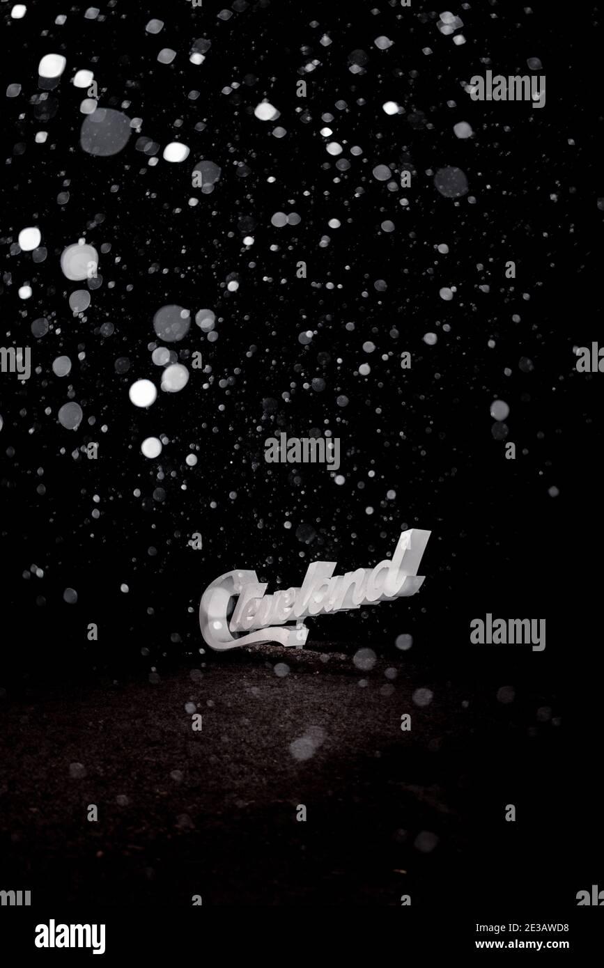 cleveland script sign during snow storm Stock Photo - Alamy