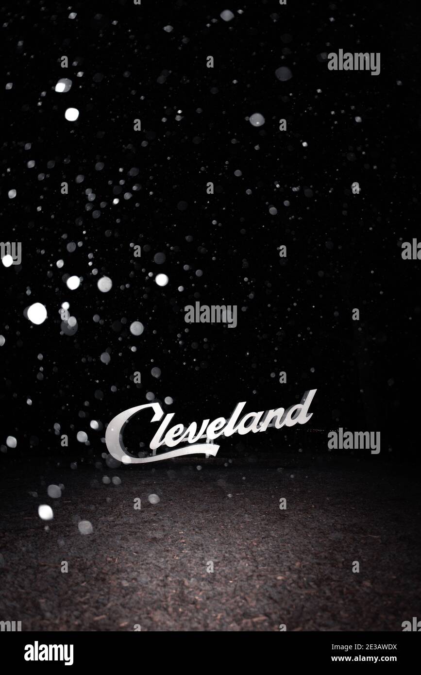 cleveland script sign during snow storm Stock Photo - Alamy