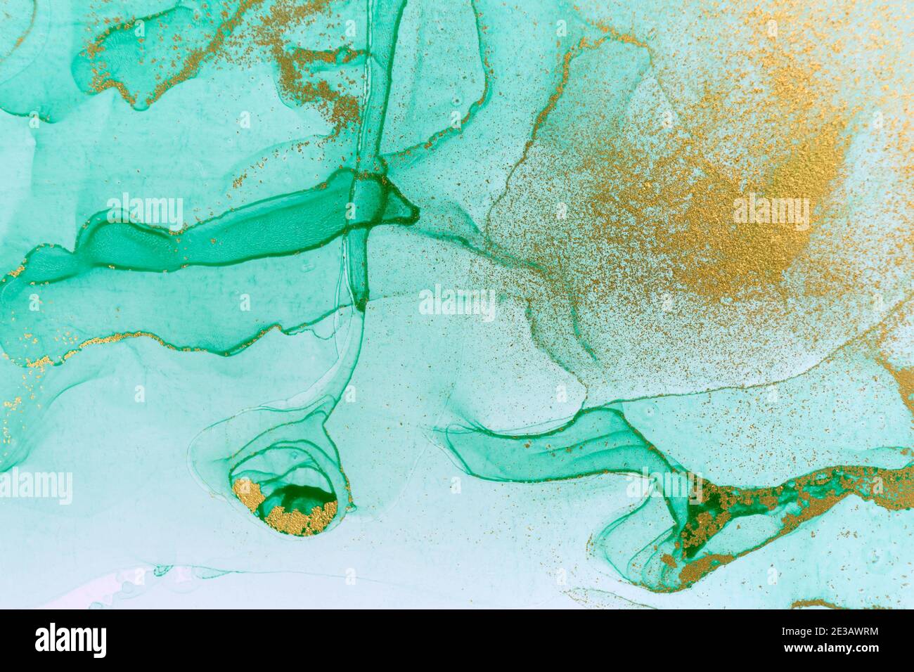 Alcohol ink green and gold abstract stains on white background. Drops ...
