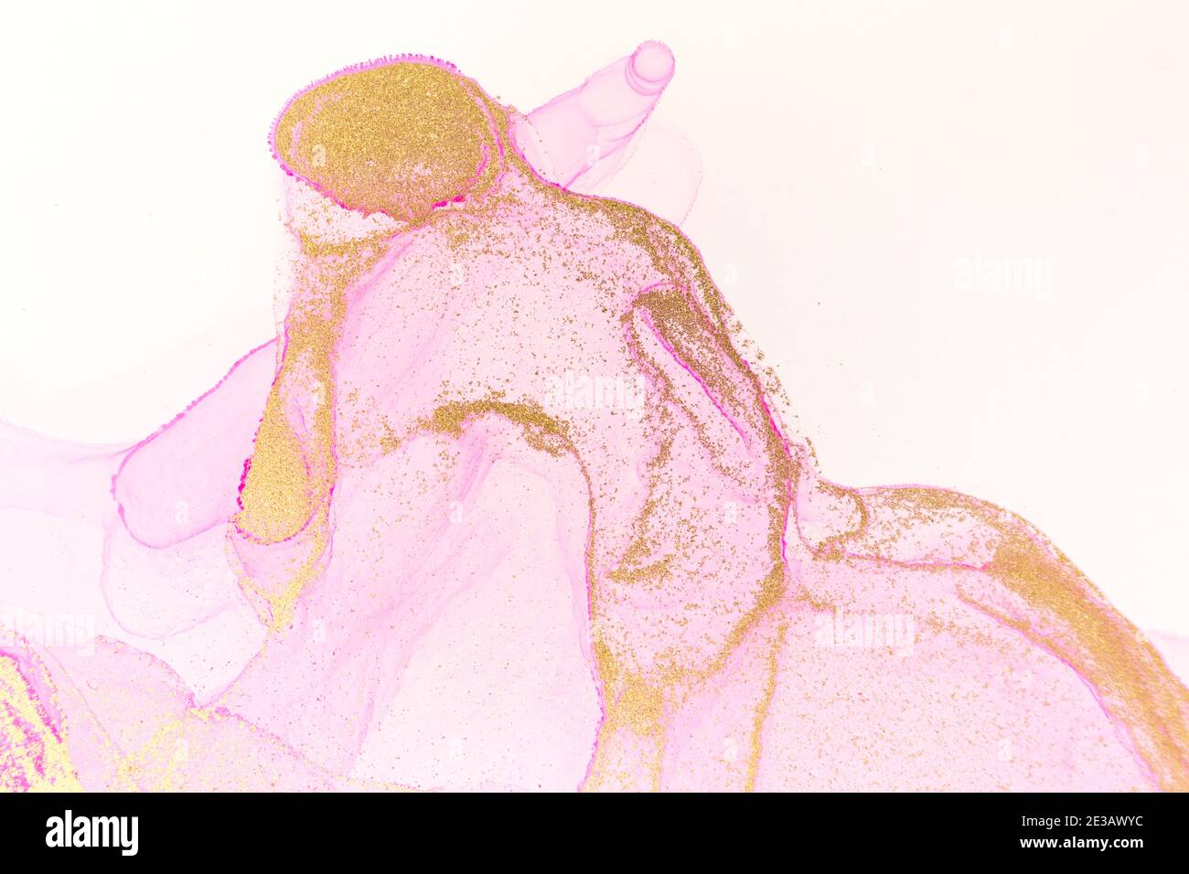 Alcohol ink pink and gold abstract stains on white background. Drops ...