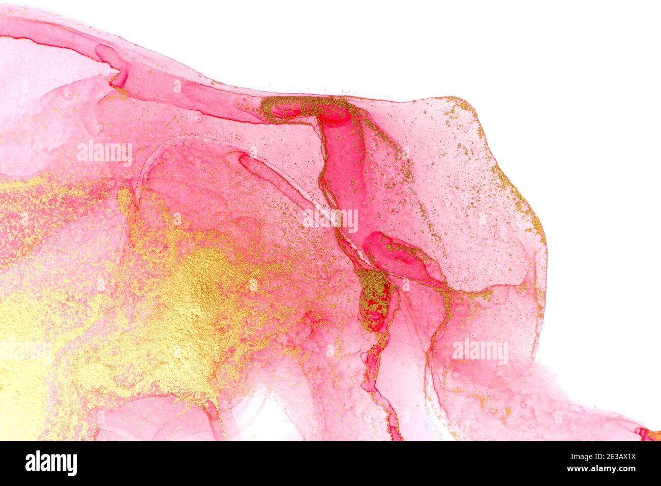 Alcohol ink red and gold abstract stains on white background. Drops ...