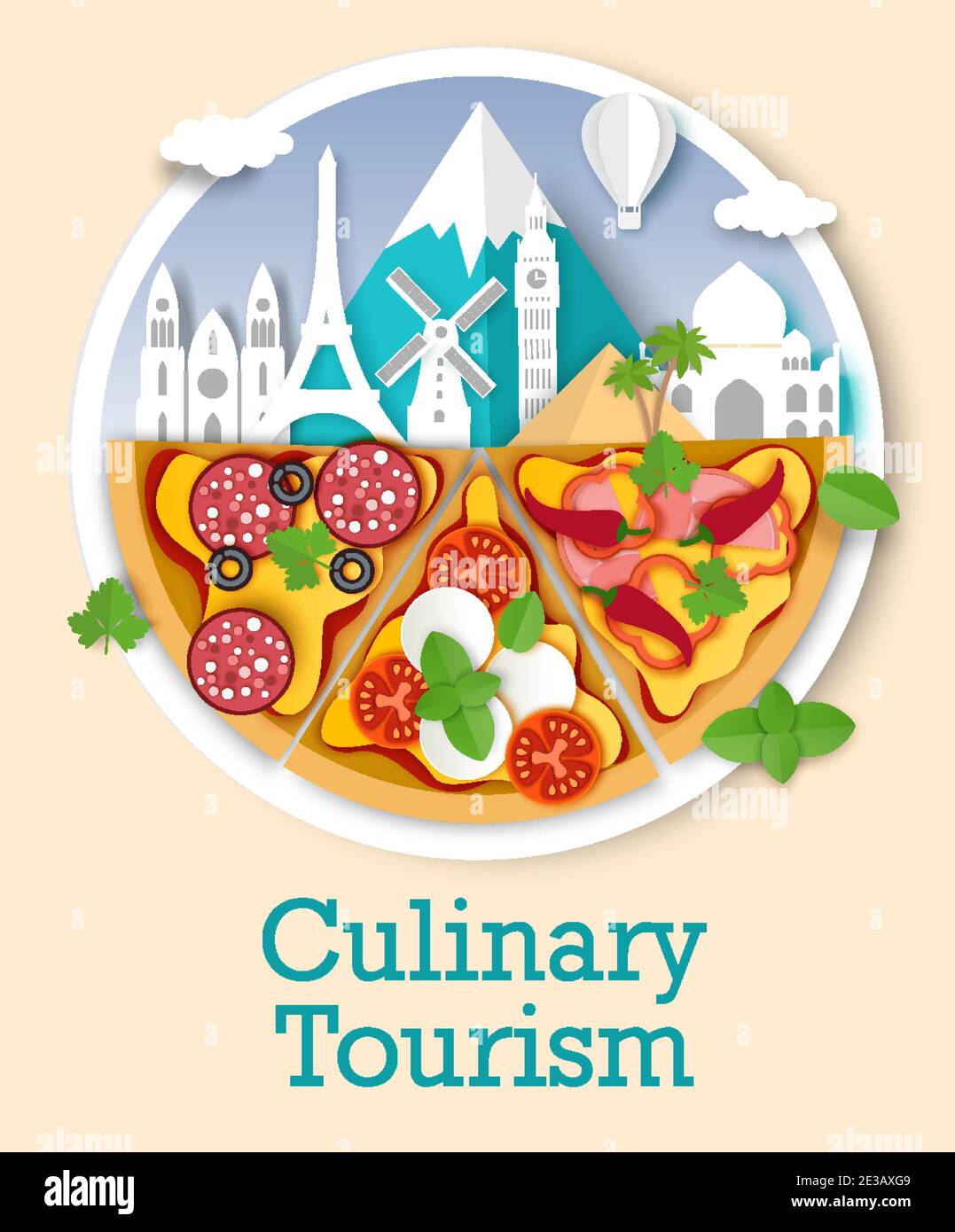 Culinary tourism vector poster, banner template. Paper cut style pizza ...