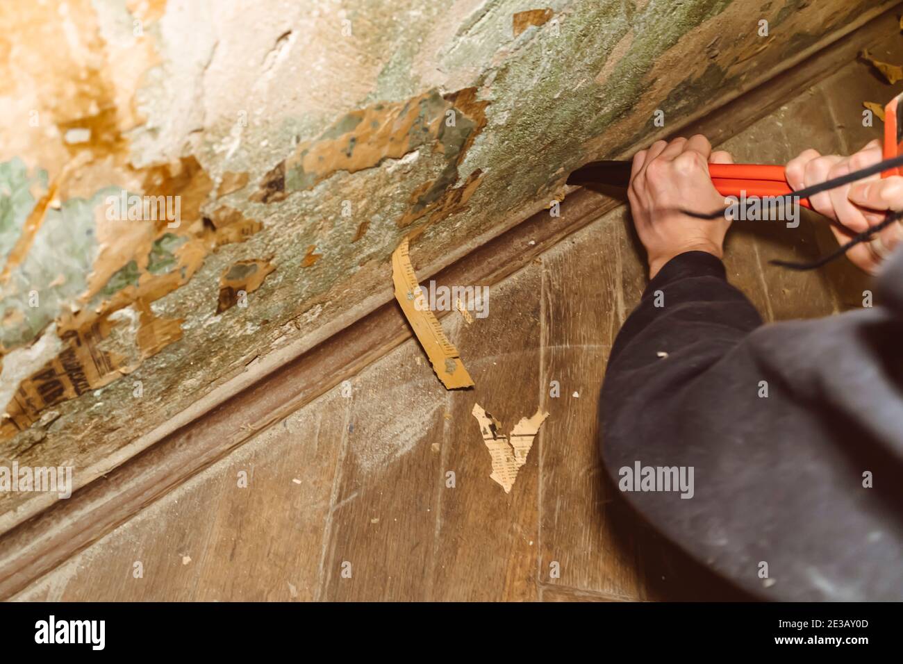 dismantling the floor parquet loft retro construction work crowbar ...