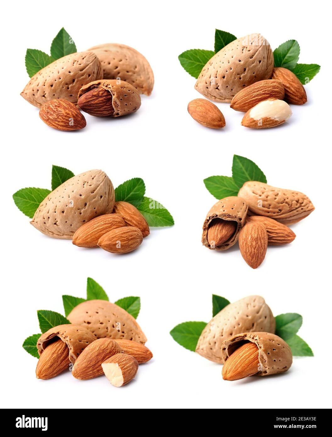 Collage of almonds nuts isolated on white backgrounds Stock Photo - Alamy