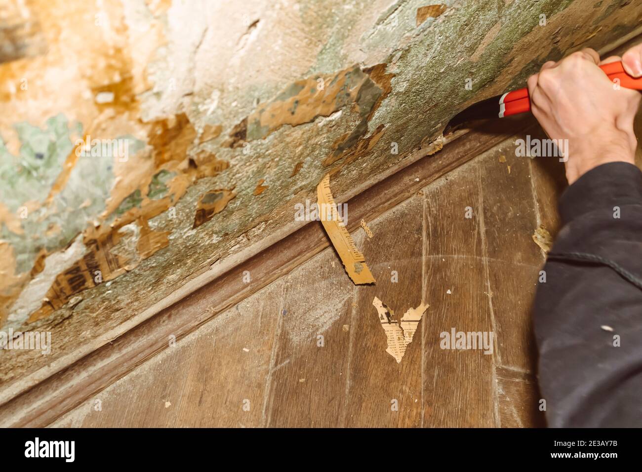 dismantling the floor parquet loft retro construction work crowbar ...