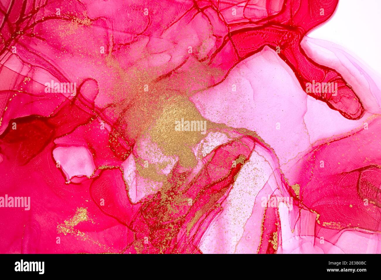 Alcohol ink pink, red and gold abstract stains background. Drops ...