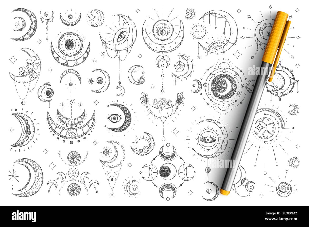 Spiritual and esoteric signs doodle set. Collection of hand drawn ...