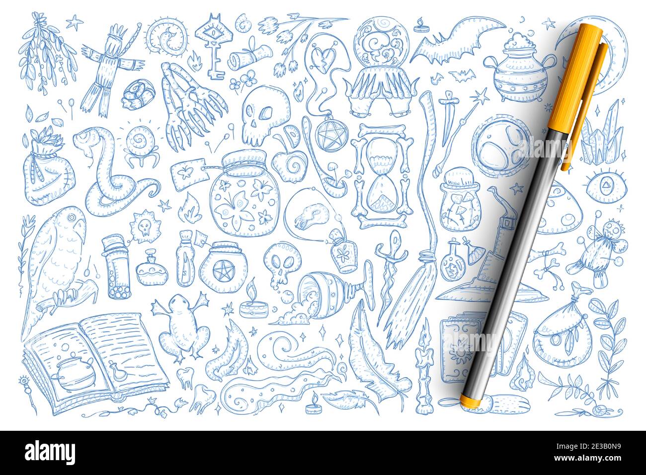 Witchcraft magic symbols doodle set. Collection of hand drawn frogs ...