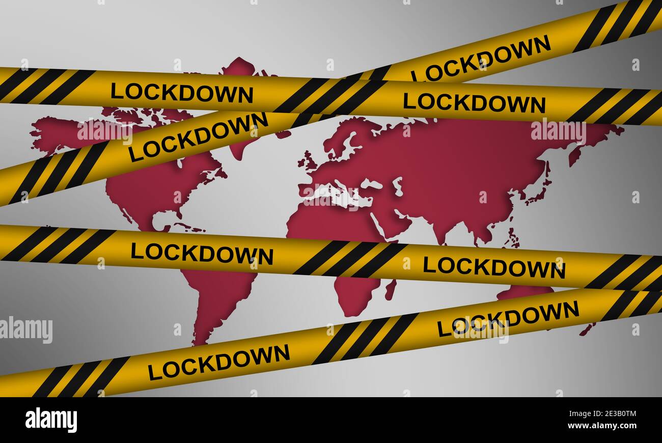 Poster with a world map and yellow lockdown tape - global pandemic ...