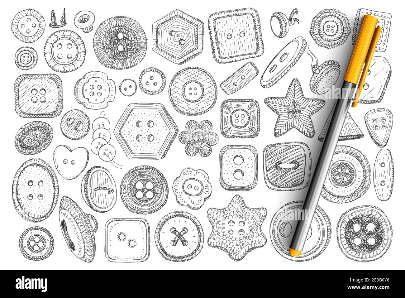 Various buttons for clothes doodle set. Collection of hand drawn ...