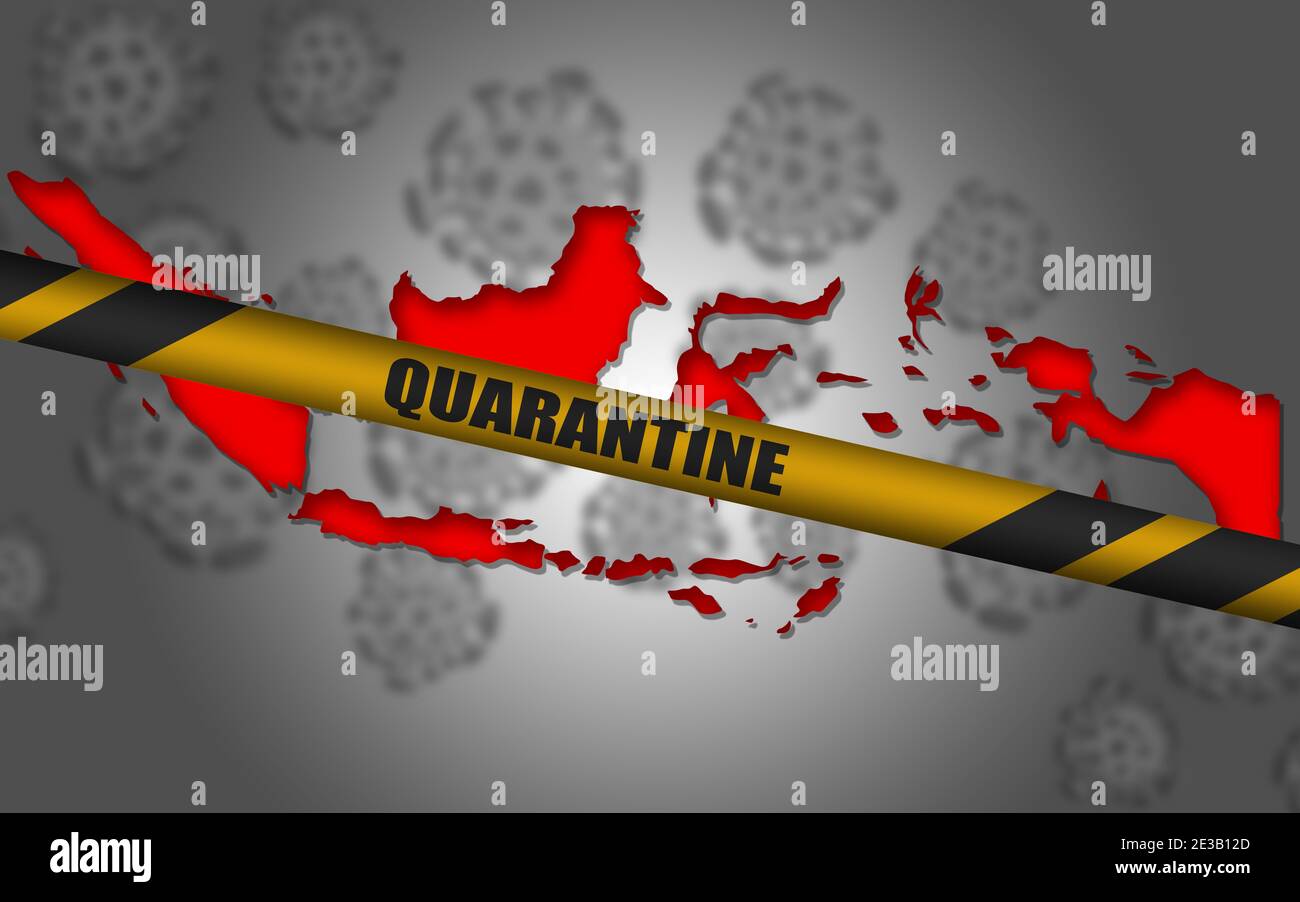 3D rendering of an Indonesia map and flag with a quarantine banner ...