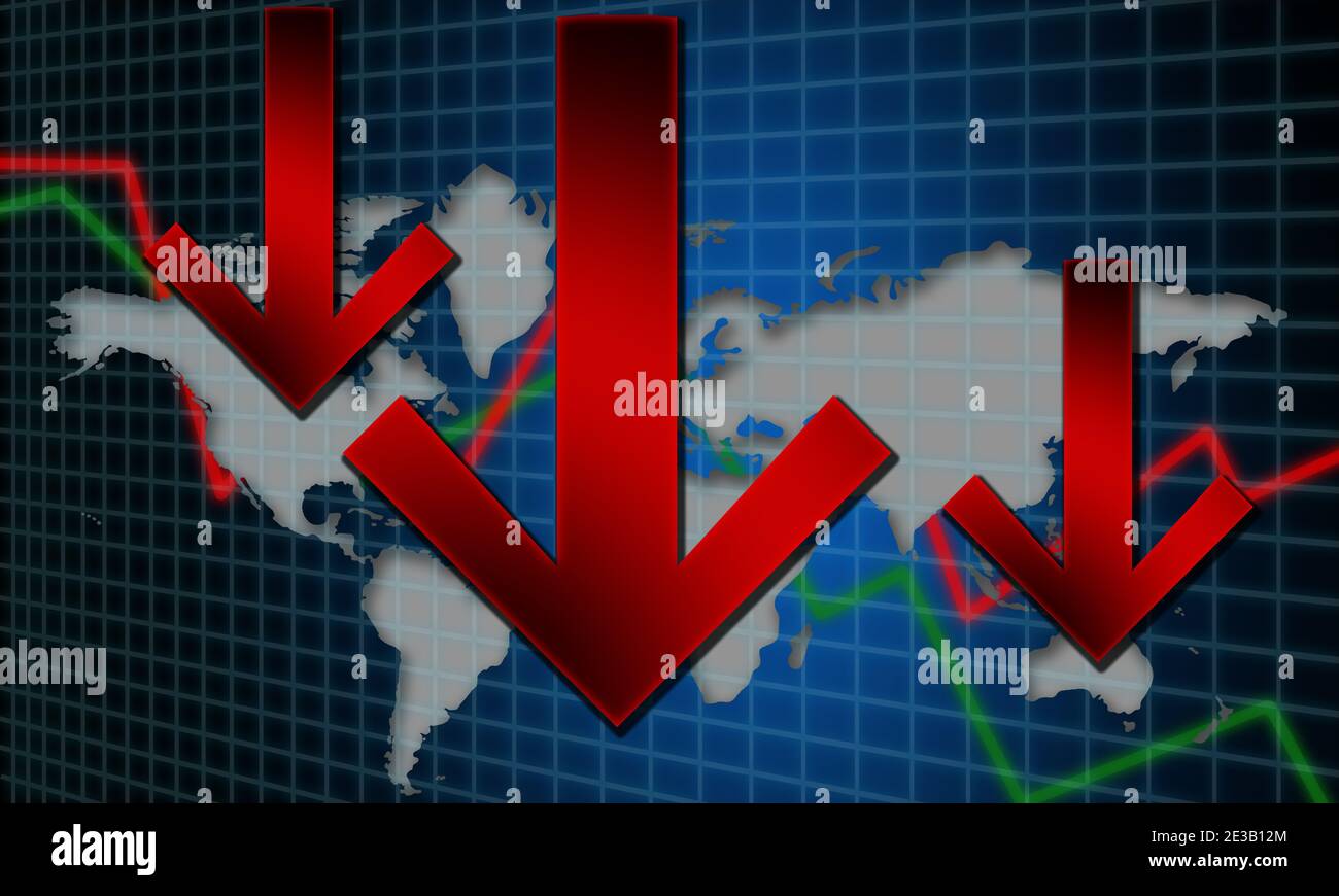 3D rendering of the global financial recession with a world map Stock ...