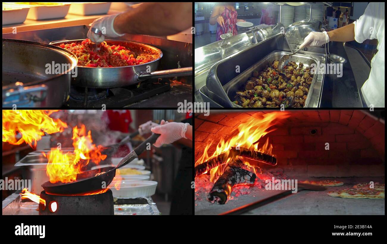 Team of professional chefs preparing and cooking food in a commercial ...