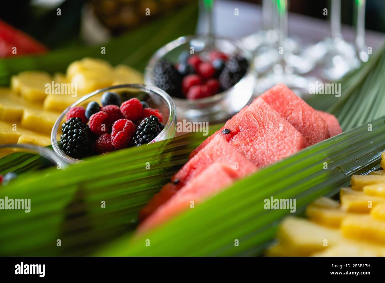 Hotel buffet table decoration with fruit slices - watermelon, pineapple ...