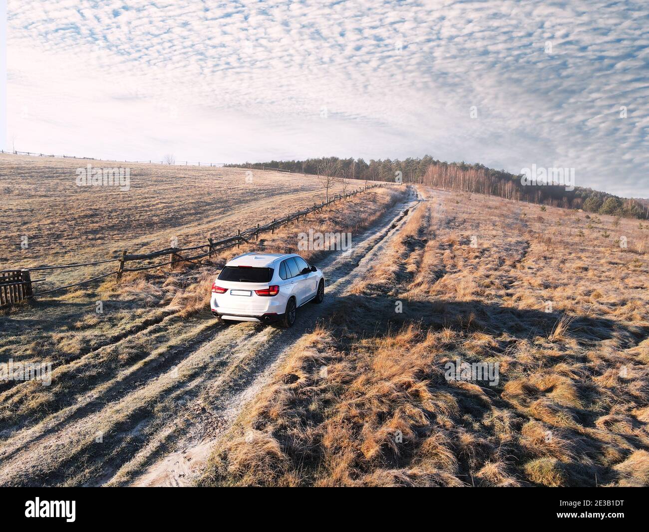 overhead top view of the suv car going by trail road copy space Stock ...