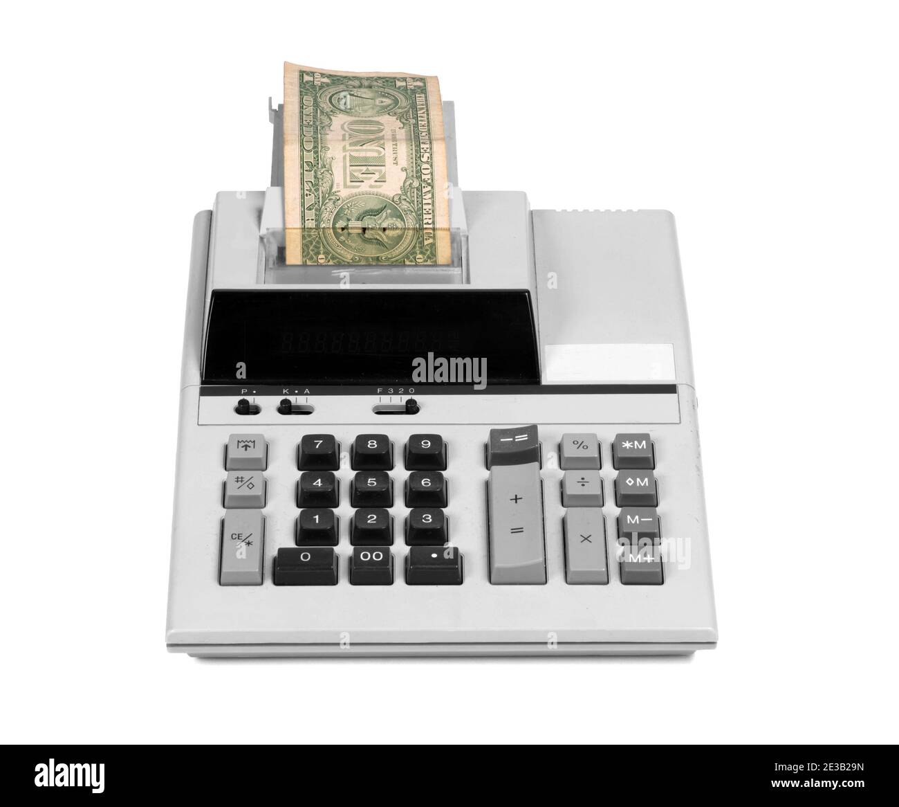 Old fashioned calculator and one dollar, isolated on white Stock Photo ...