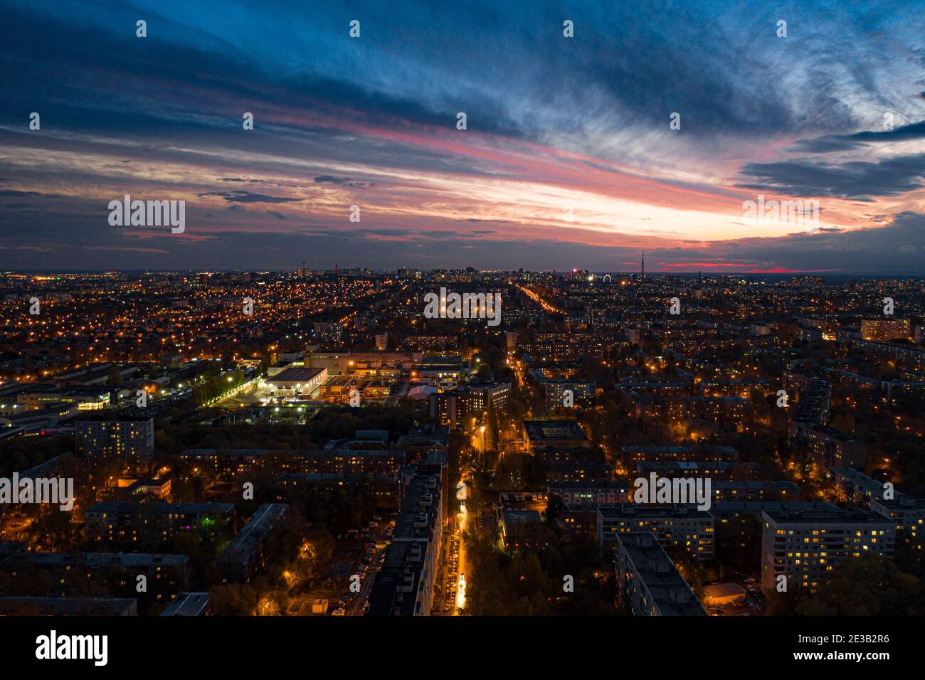 Night city Samara, aerial panorama with many living and commercial ...