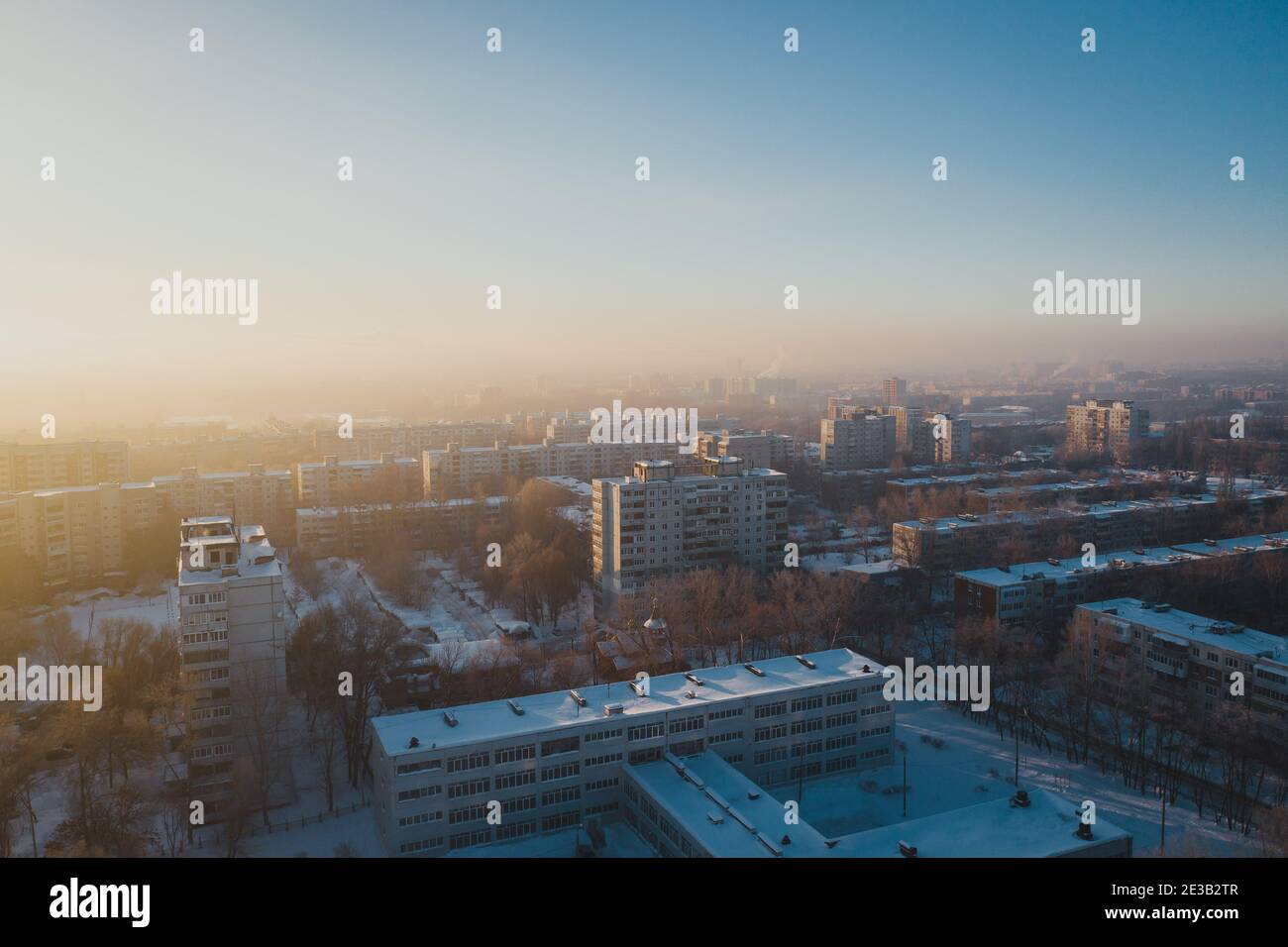 Winter russian city Samara, aerial panorama with many living and ...