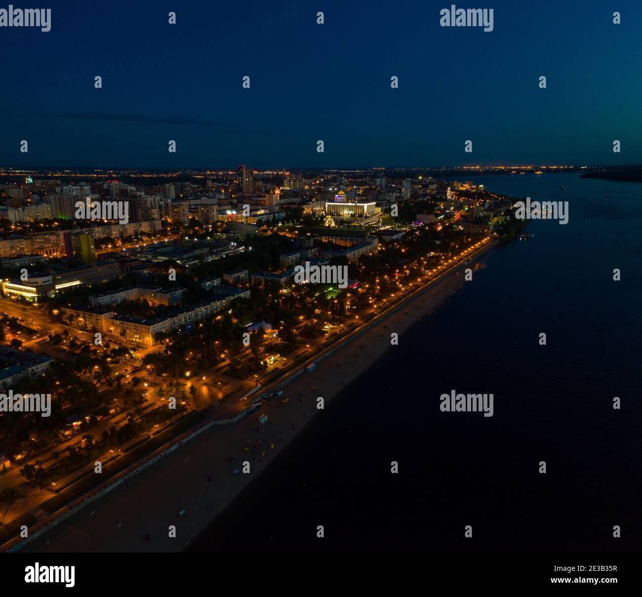 Quay of Samara city at night, Aerial view from Volga river Stock Photo ...