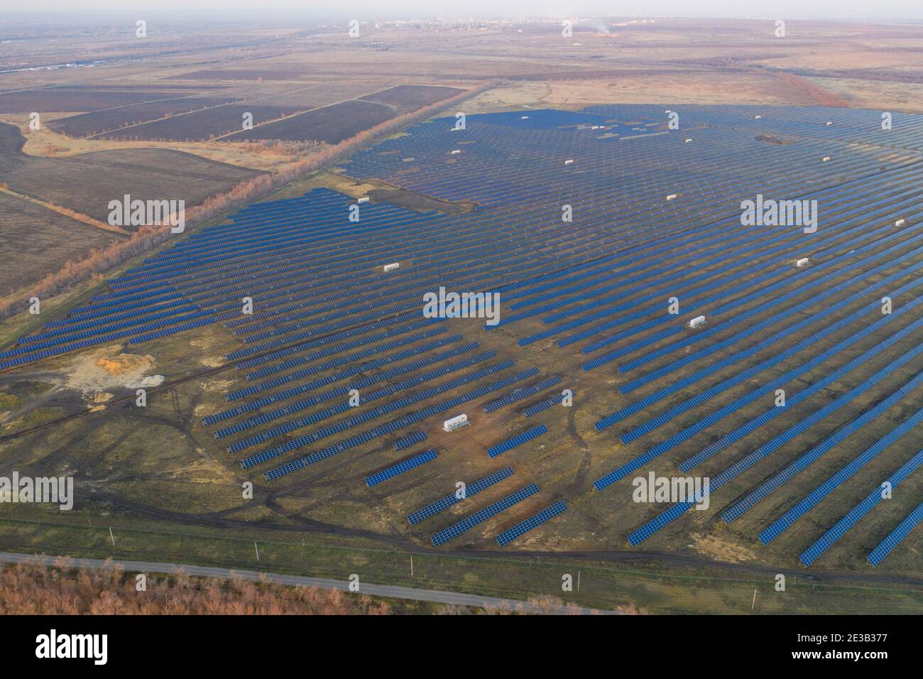 Solar station with many panels of solar cells, aerial view Stock Photo ...