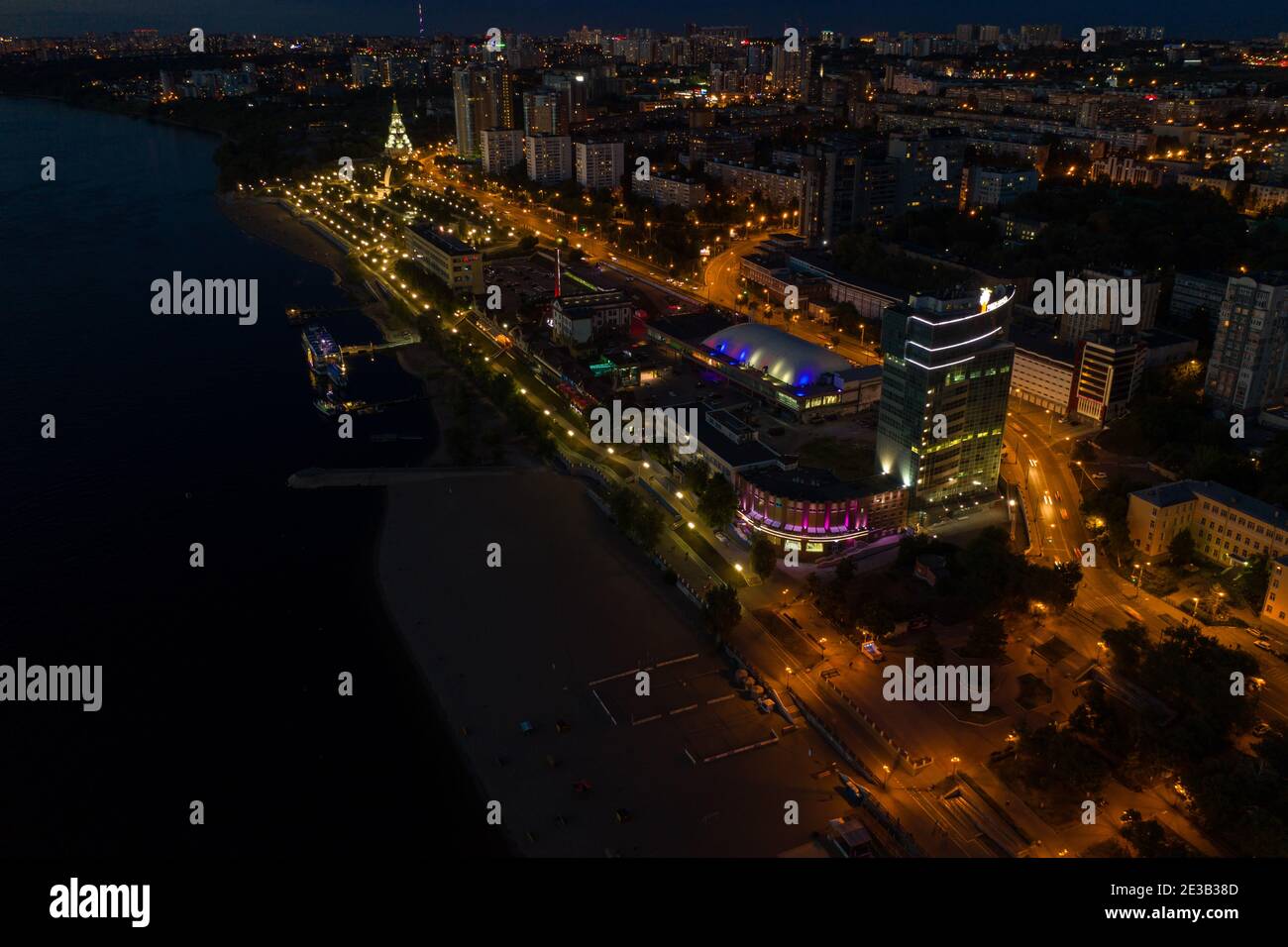 Quay of Samara city at night, Aerial view from Volga river Stock Photo ...