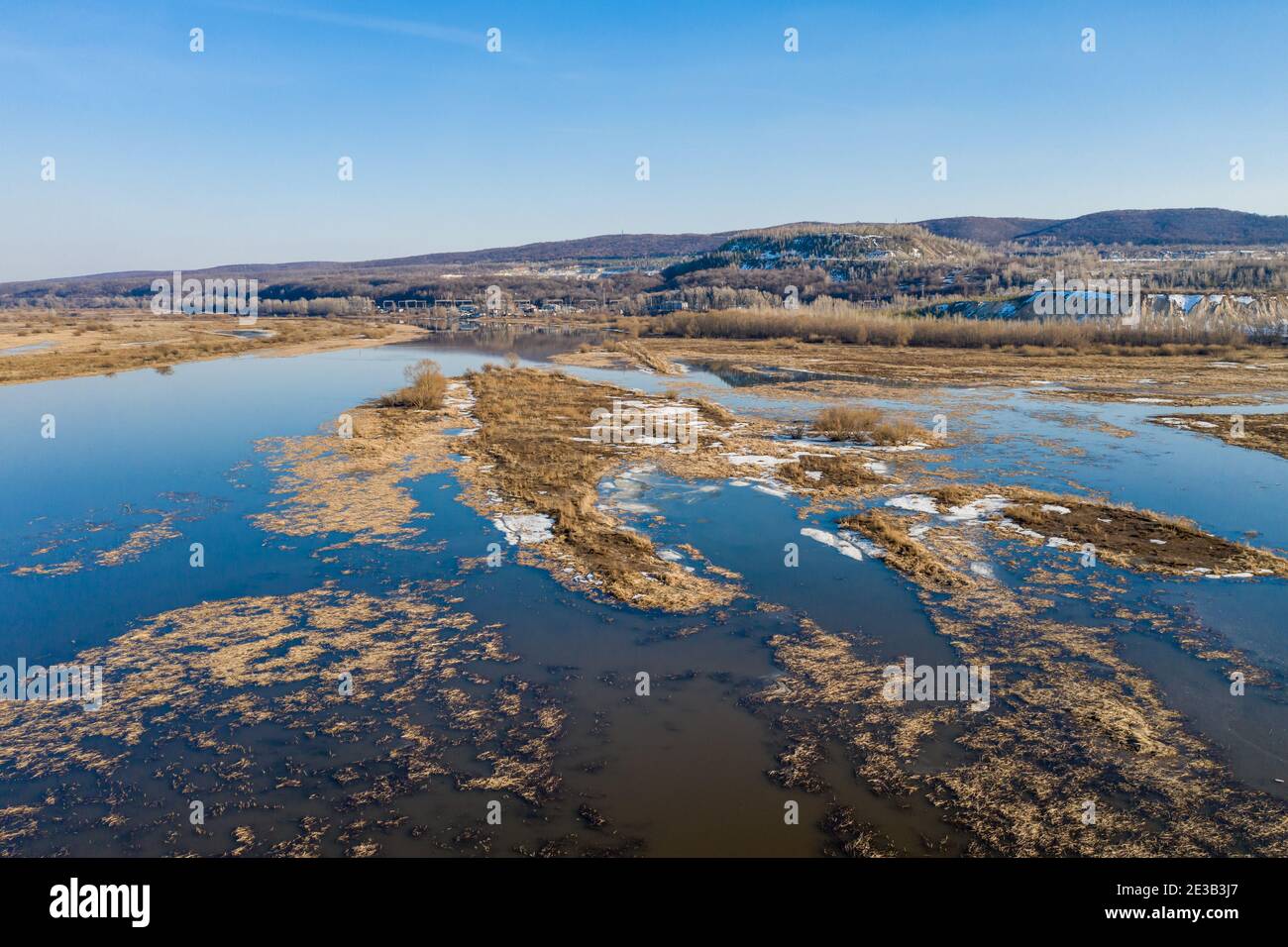 Spring lake with old yellow shrivel grass and bush Stock Photo - Alamy
