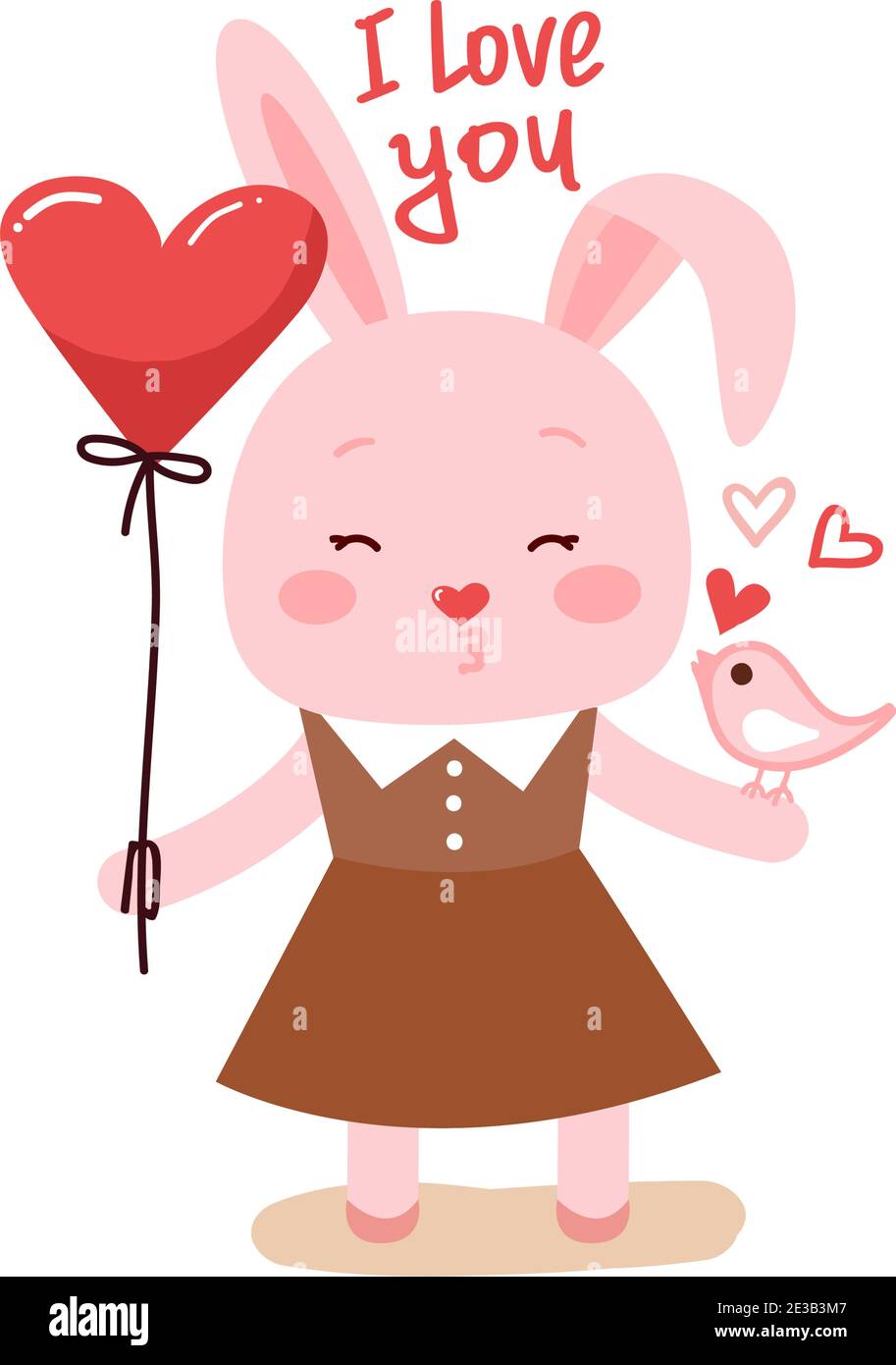 Cute cartoon lovely rabbit with pink large heart and text i love you ...