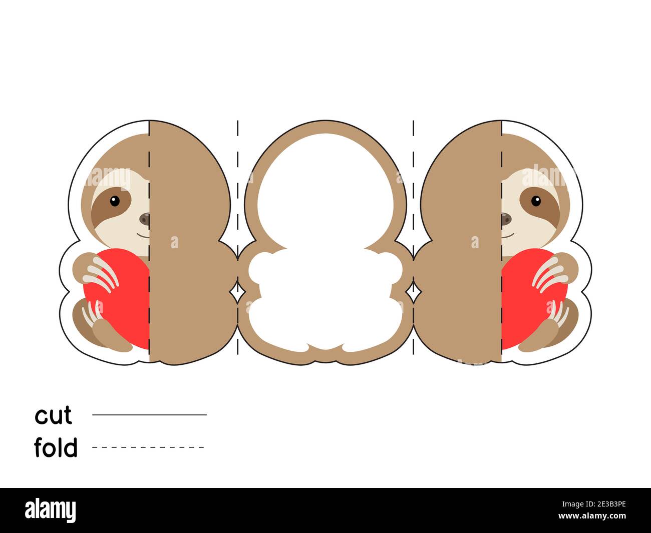 Cute sloth hold heart. Fold long greeting card template. Great for St ...
