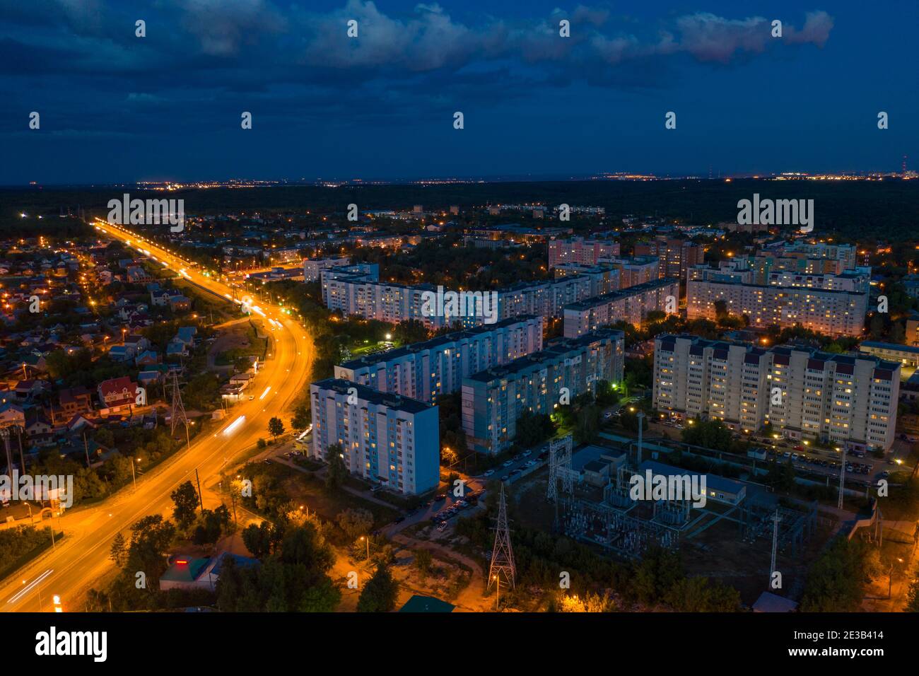 Night city Samara, aerial panorama with many living and commercial ...