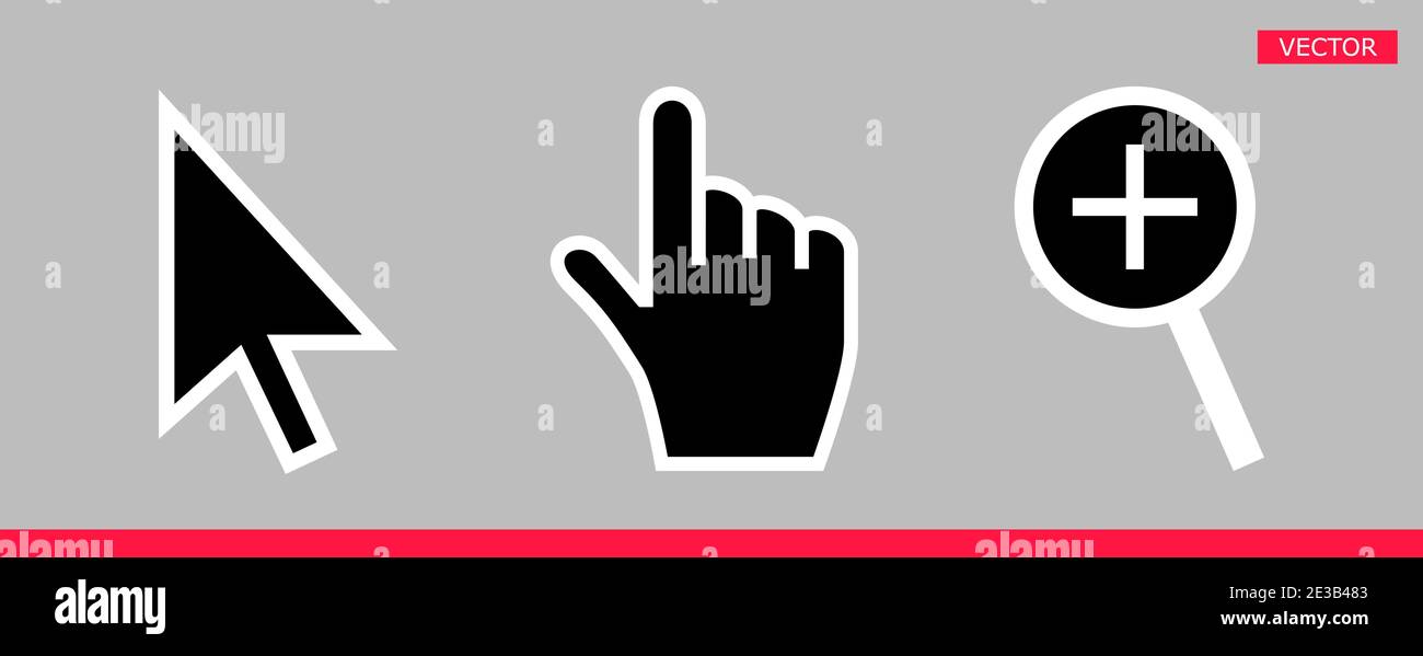 Black and white arrow, hand and magnifier mouse cursor icons vector ...
