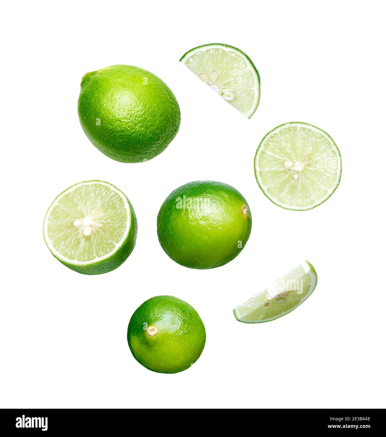Set of whole, half and cut slice fresh lime isolated on white ...