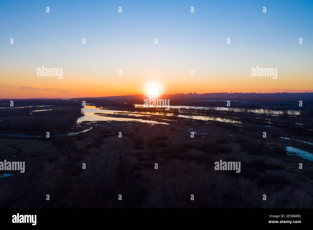 Night river view on water and dawn sky Stock Photo - Alamy