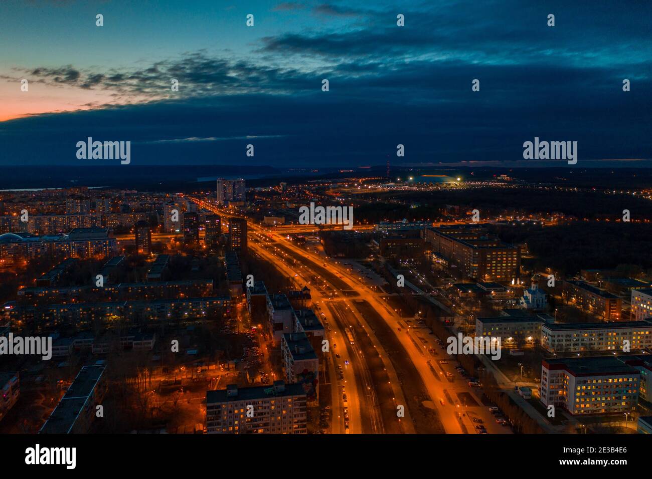 Samara city night view. Cityscape with living houses and commercial ...