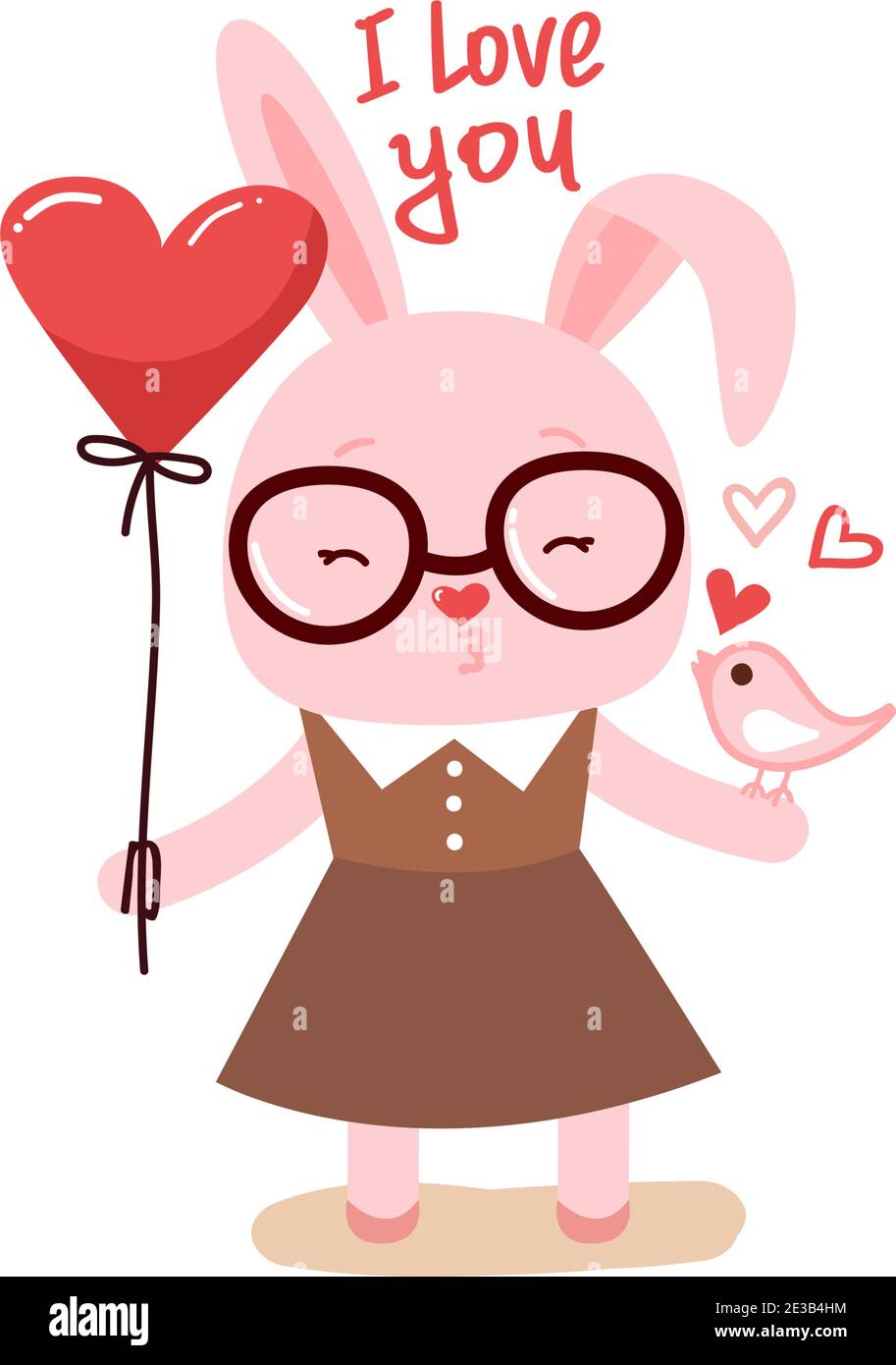 Cute cartoon lovely rabbit with pink large heart and text i love you ...