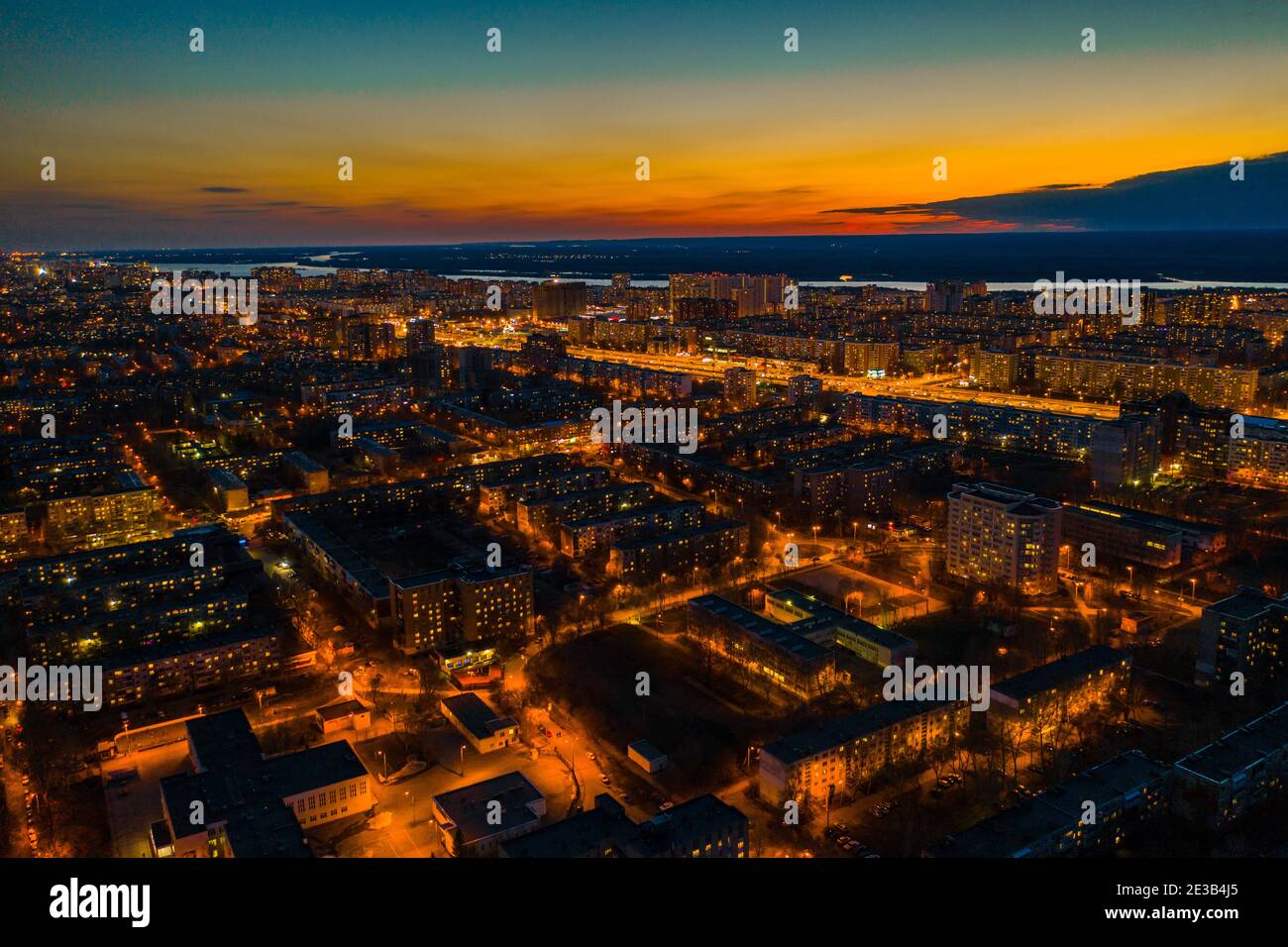 Samara city night view. Cityscape with living houses and commercial ...