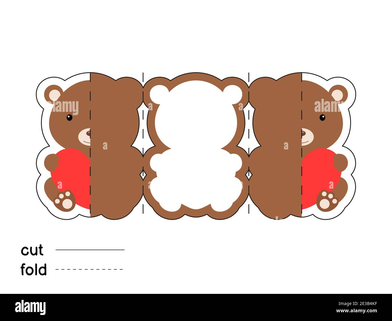 Cute bear hold heart. Fold long greeting card template. Great for St ...