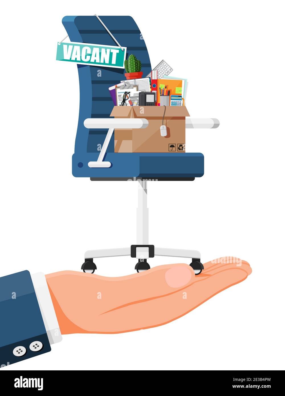 Office chair, sign vacancy. Box with office goods. Hiring and ...