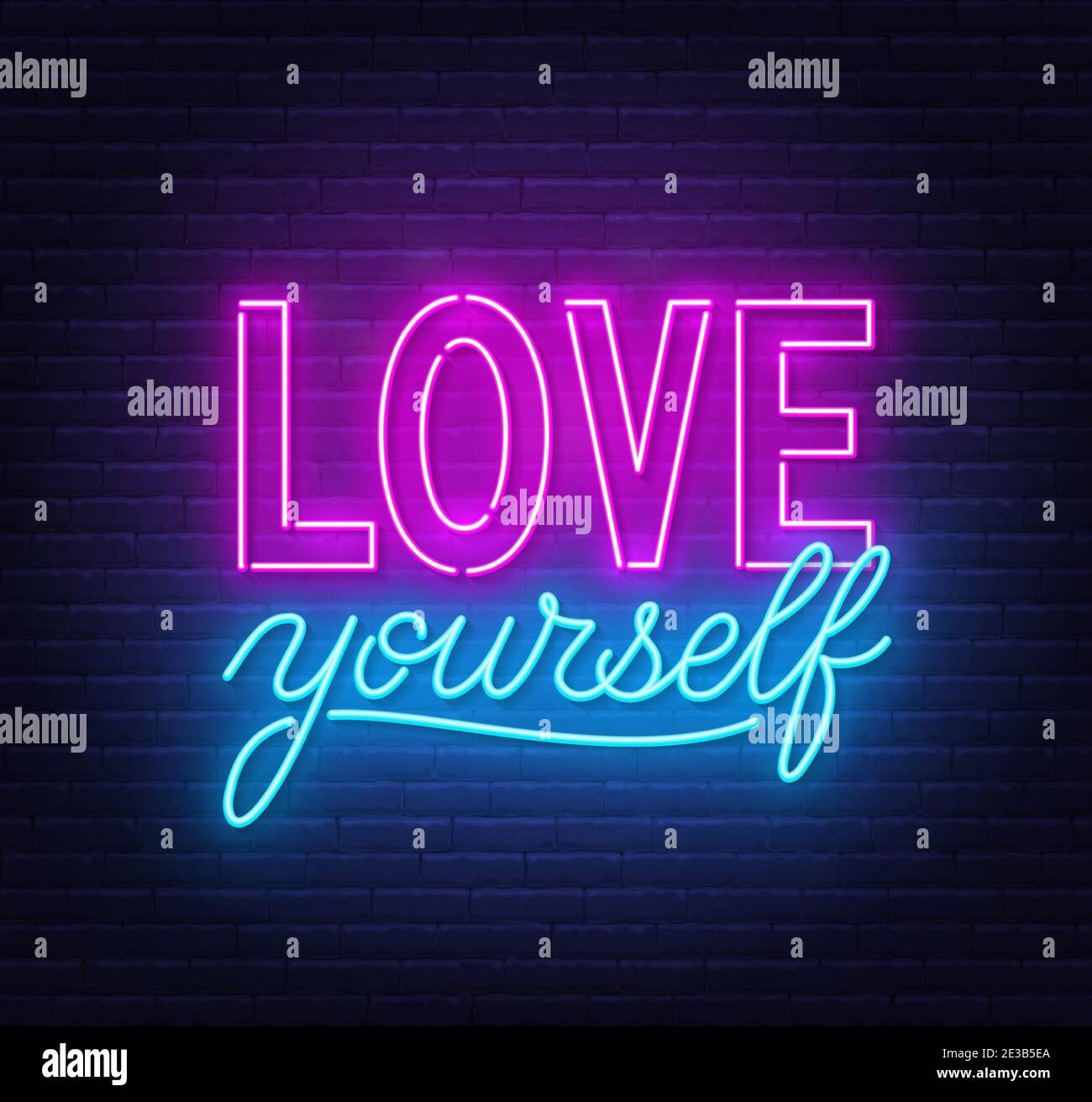 Love yourself neon quote on a brick wall. Inspirational glowing ...