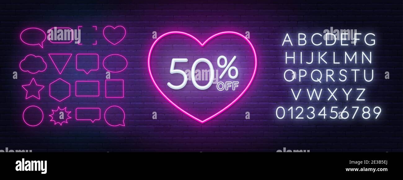 50 percent off neon sign in a heart shape frame. Valentine day discount ...