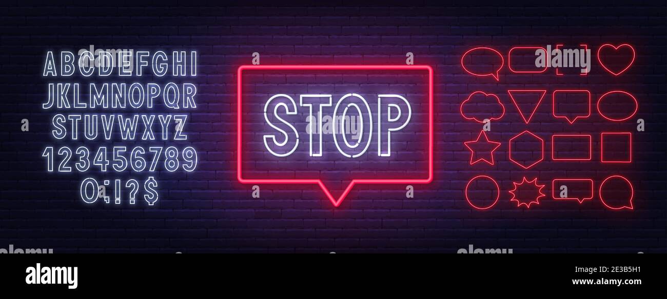 Neon stop sign in a frame on brick wall background .White neon ...