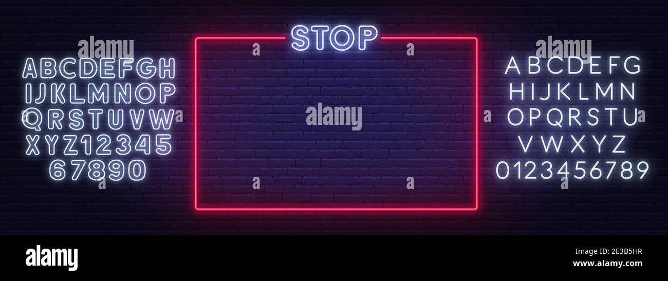 Neon stop sign in a frame on brick wall background. White neon ...