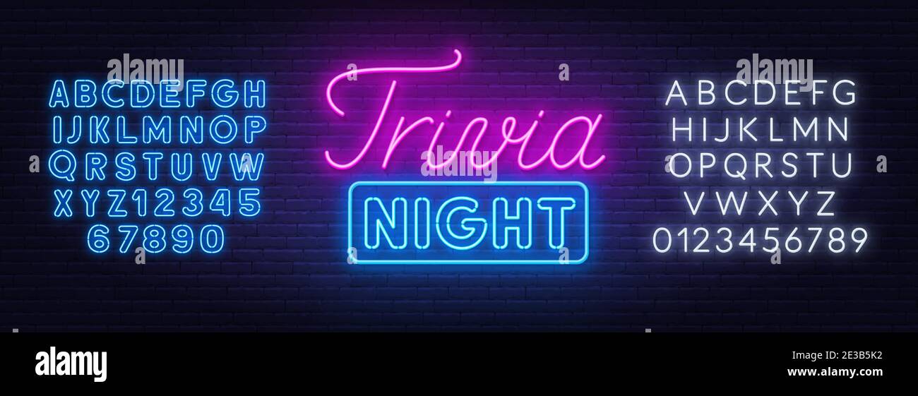 Trivia night neon sign on a brick wall. White and blue neon alphabets ...
