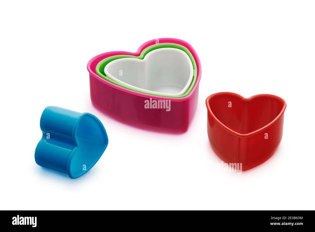 Colorful heart-shaped plastic cookie cutters set, cut out Stock Photo ...